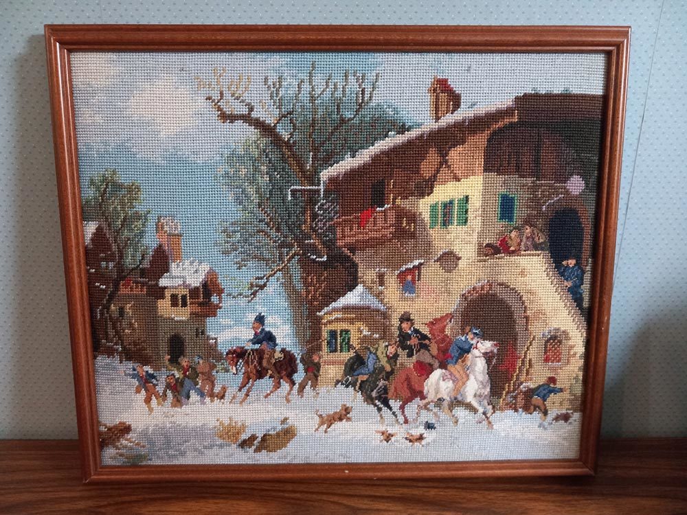 “Winter Frolic” Needlepoint Village Scene, framed