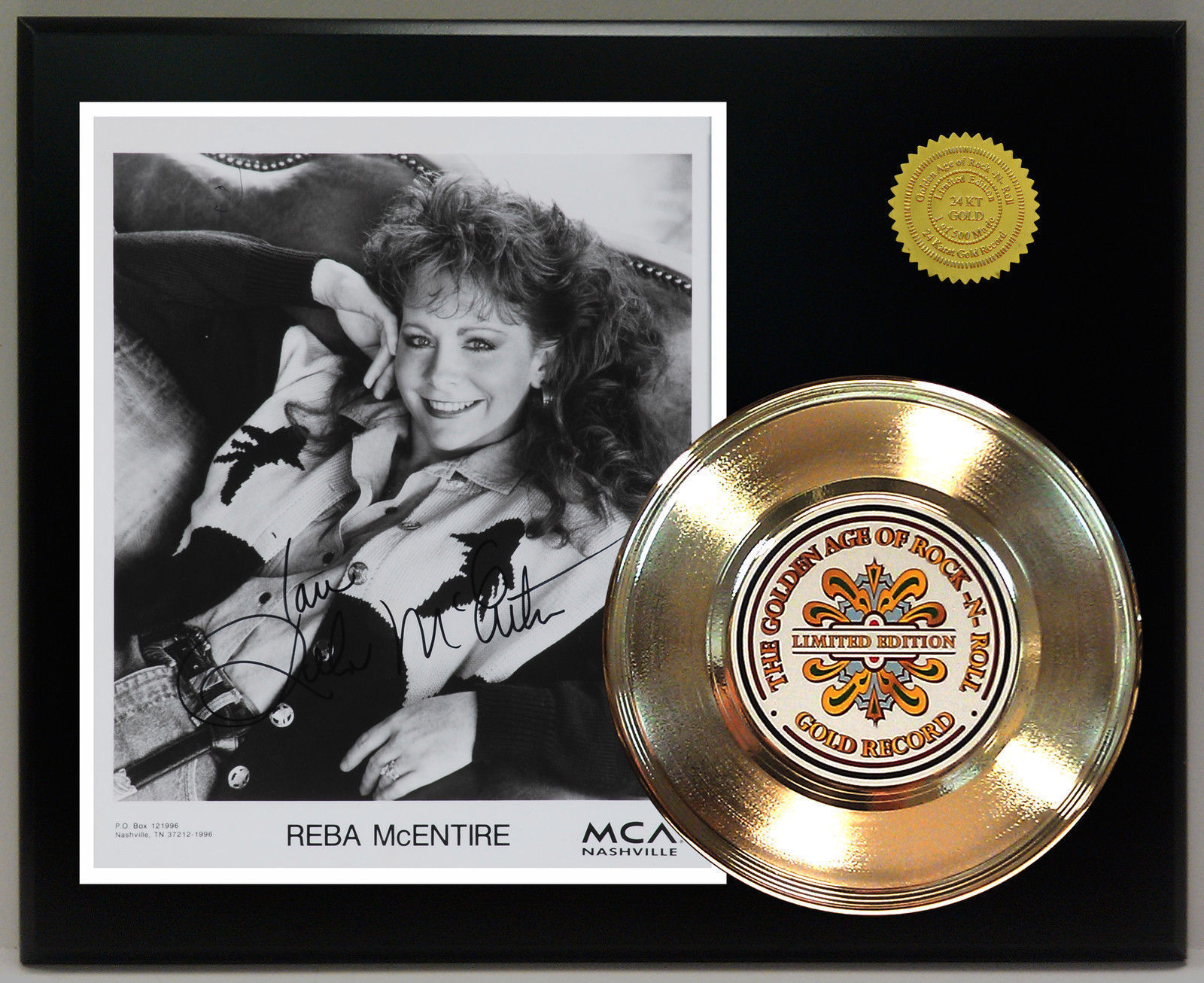 Reba McEntire 24K Gold Clad Record & Reprinted Picture & Autograph