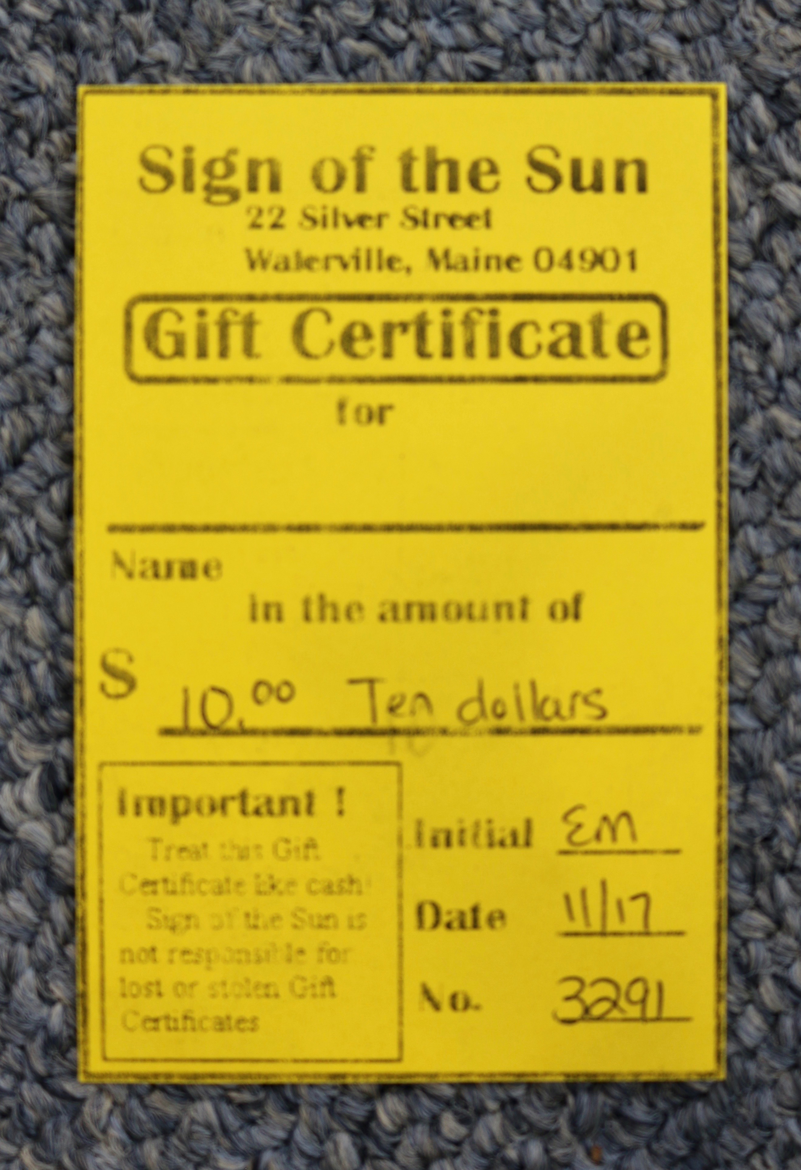 $10 gift card to Sign of the Sun