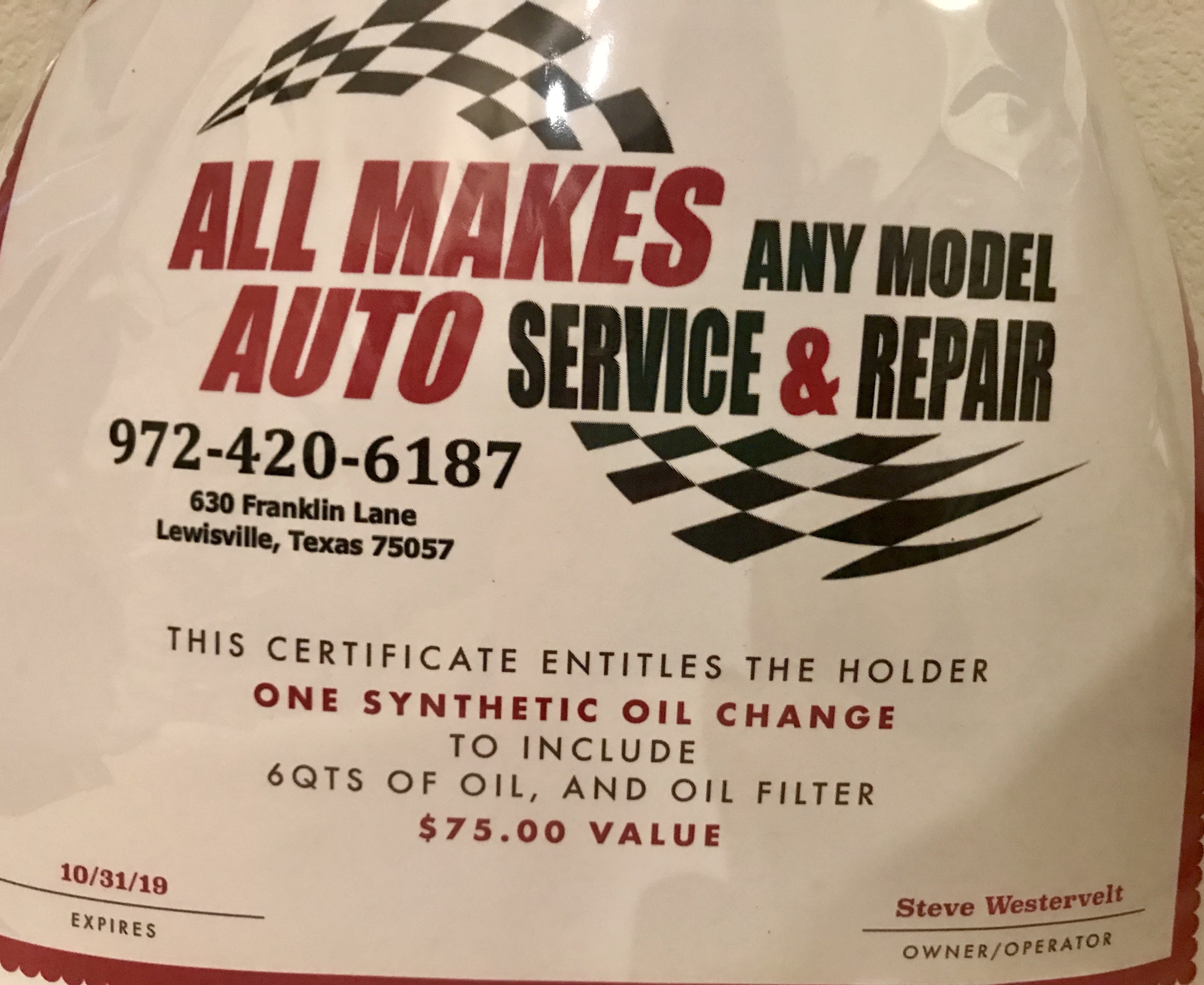 All Makes Auto Service & Repair Certificate for One Synthetic Oil ...