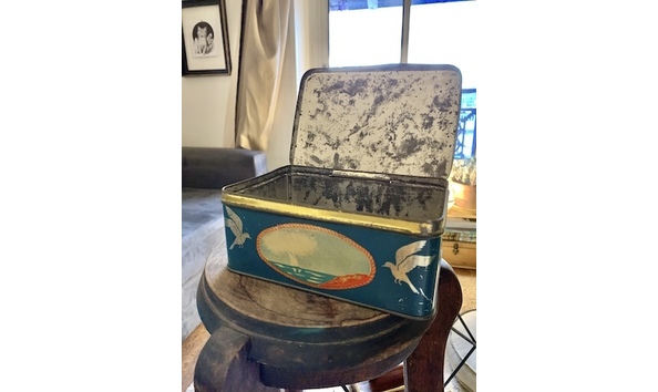 Old-Fashioned Metal Sugar Box with a Ship on the Lid