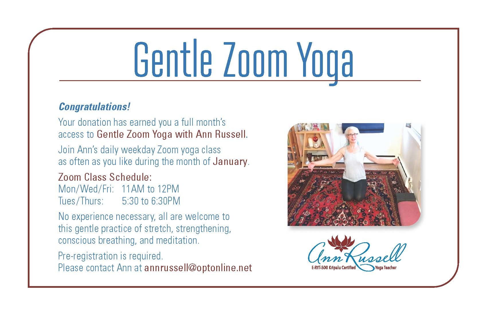 A full month's access to Gentle Zoom Yoga with Ann Russell