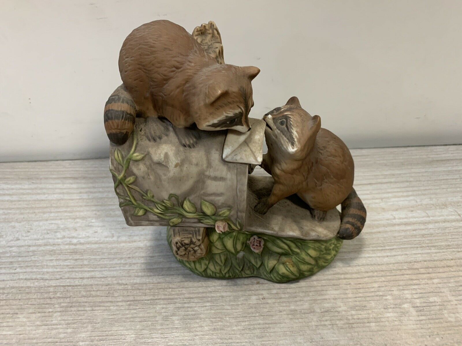 Homco Masterpiece Porcelain Raccoons Mailbox 1987 Porcelain Figurine