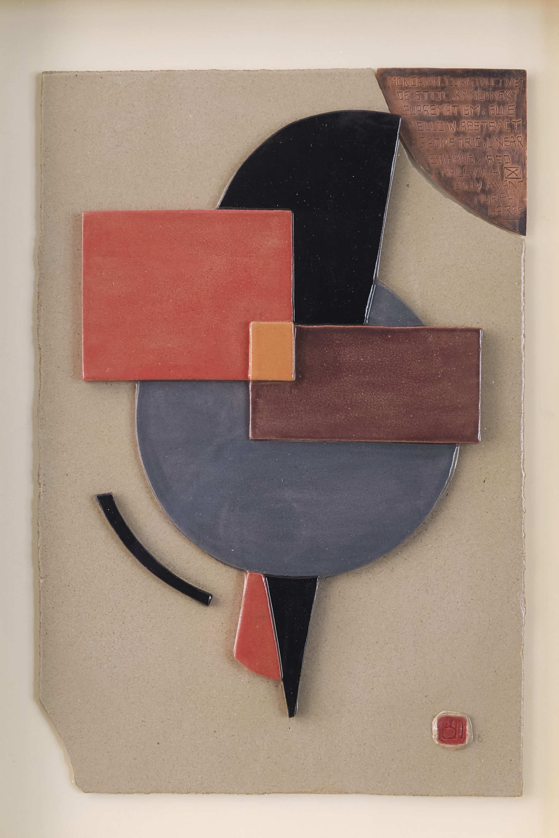 "Construction III (Clay Relief with Copper Script)" by Billy Murphy