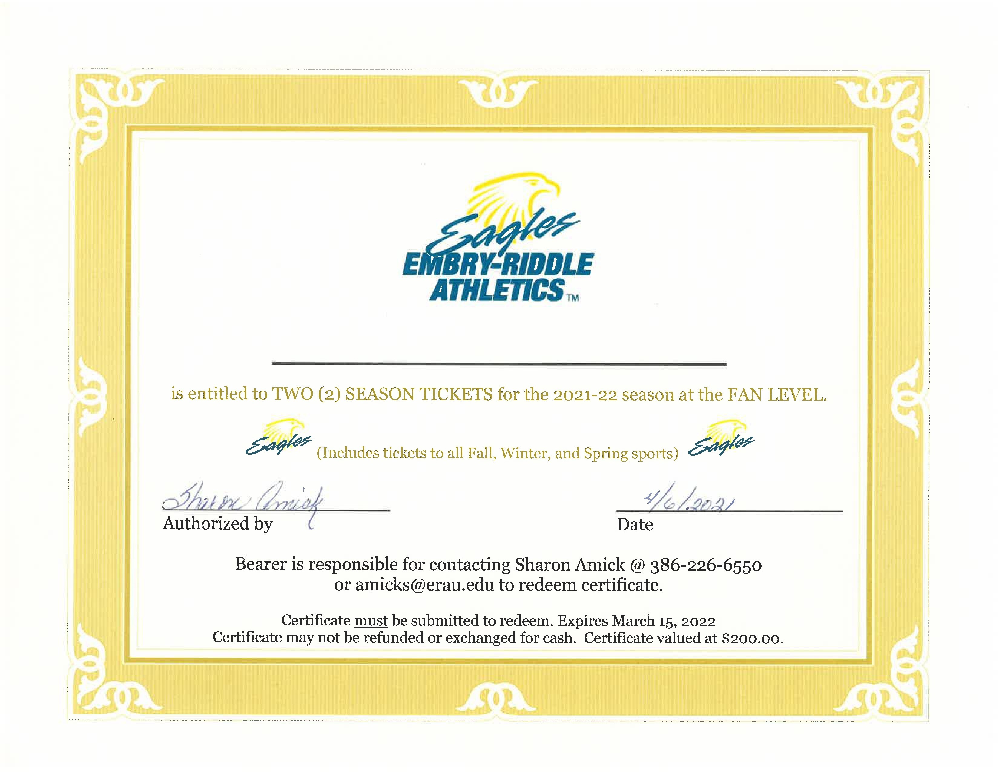 (7:30) Two Season Tickets for the 2021-22 Embry-Riddle Eagles