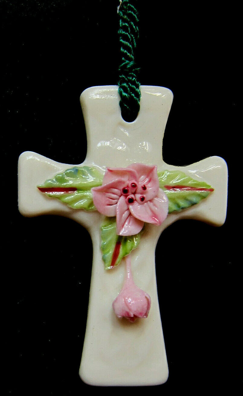 Decor: Belleek Hanging Celtic Cross Flowered Ornament