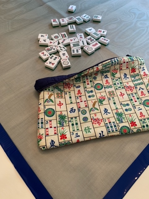 T&T Luncheon - Navy Blue Mahjong table mats with matching quilted tile bag