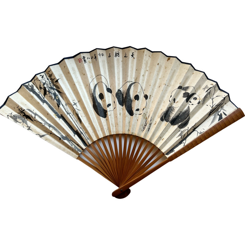 Chinese Fan with Panda Family Scene